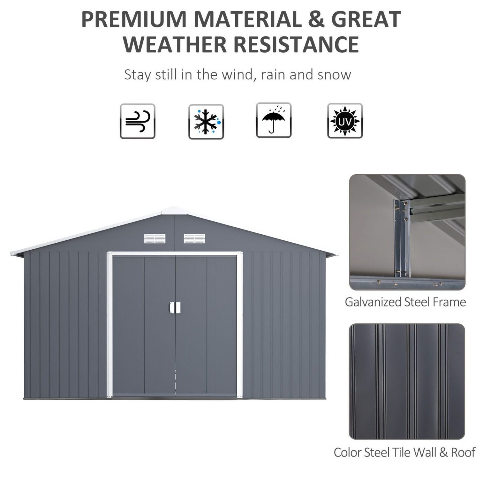 Outsunny 13ft x 11ft Metal Garden Shed with Foundation Grid -Grey → ...