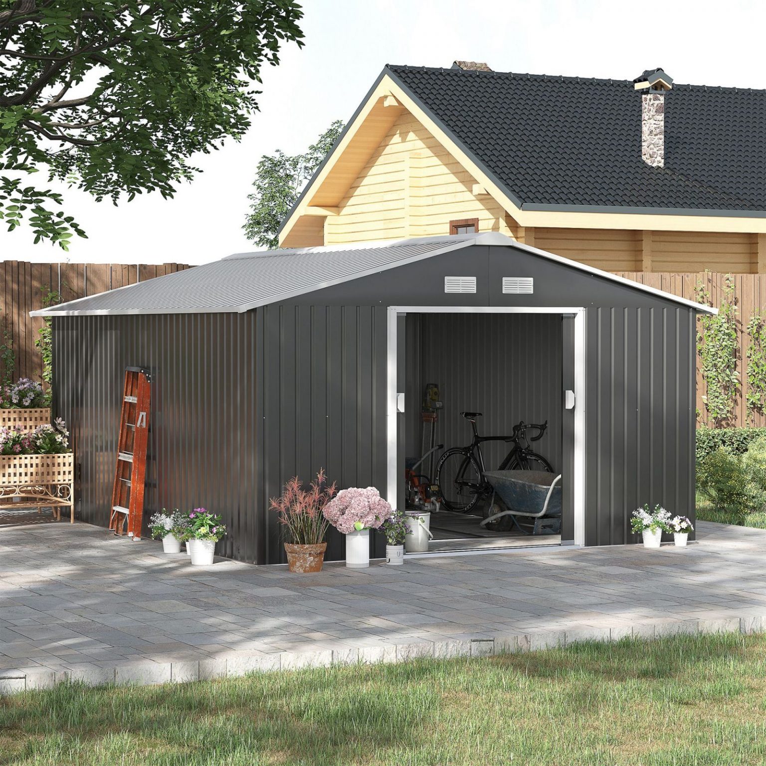 Outsunny 13ft x 11ft Metal Garden Shed with Foundation Grid -Grey → ...