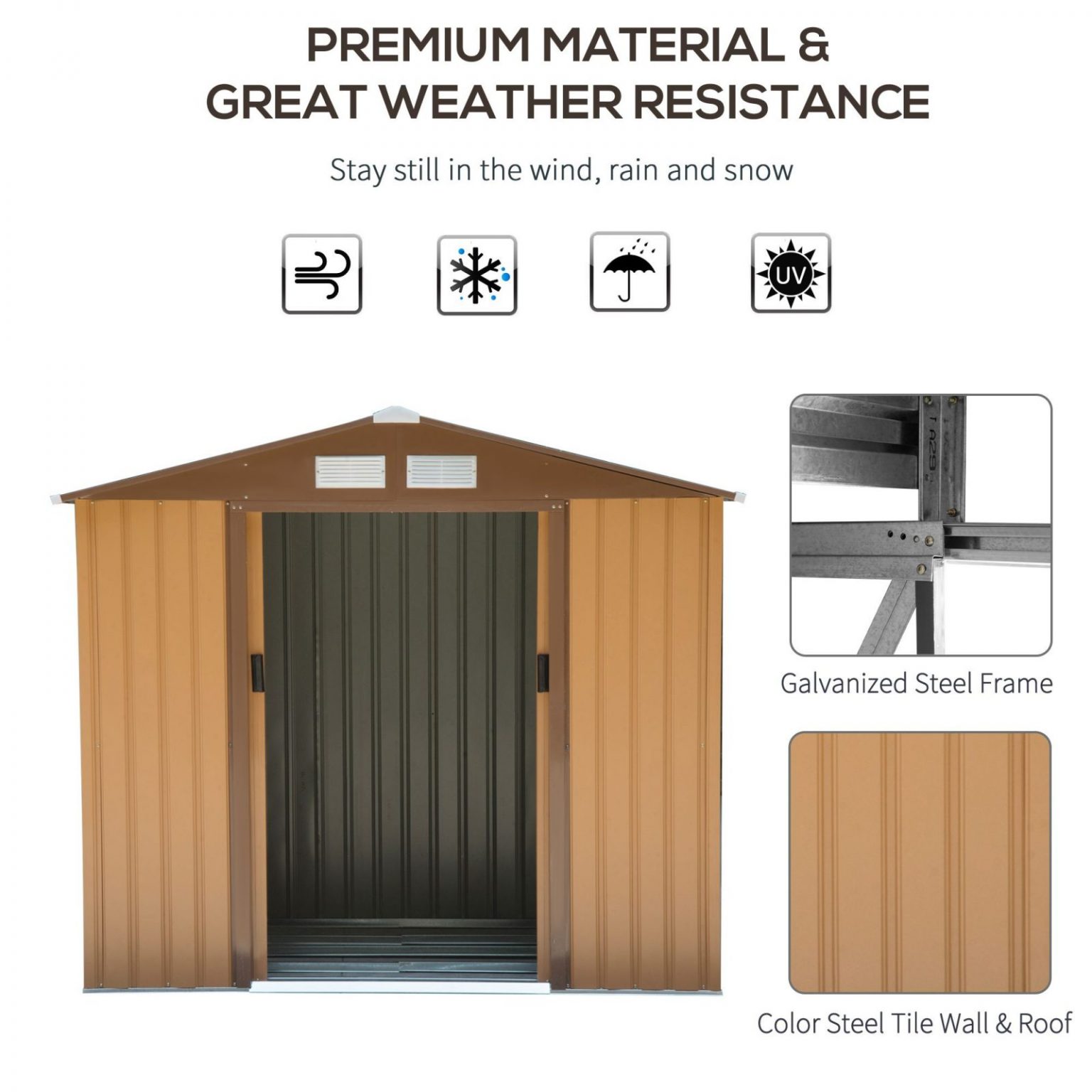 Outsunny 7ft x 4ft Metal Garden Shed – Brown with Foundation Grid → ...