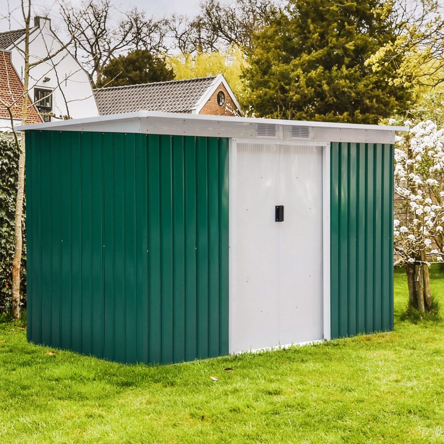 Outsunny 9ft x 4ft Metal Pent Garden Shed – Green with Foundation Grid ...