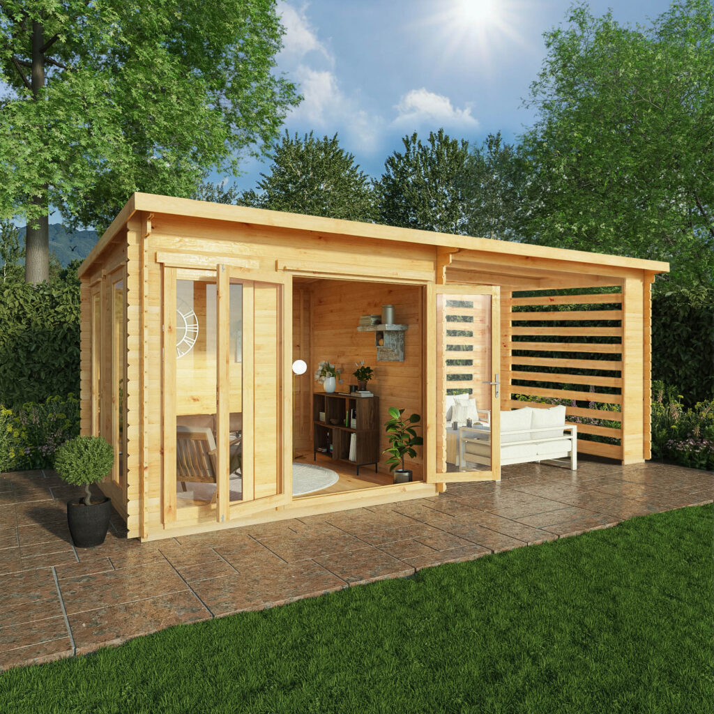 Mercia 20’x11′ Studio Pent Log Cabin with Slatted Area – 44mm (Expected ...